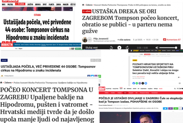 Srpski tabloidi o Thompsonovom koncertu: 'Ustaško divljanje, dreka, čuju se eksplozije, manje ...